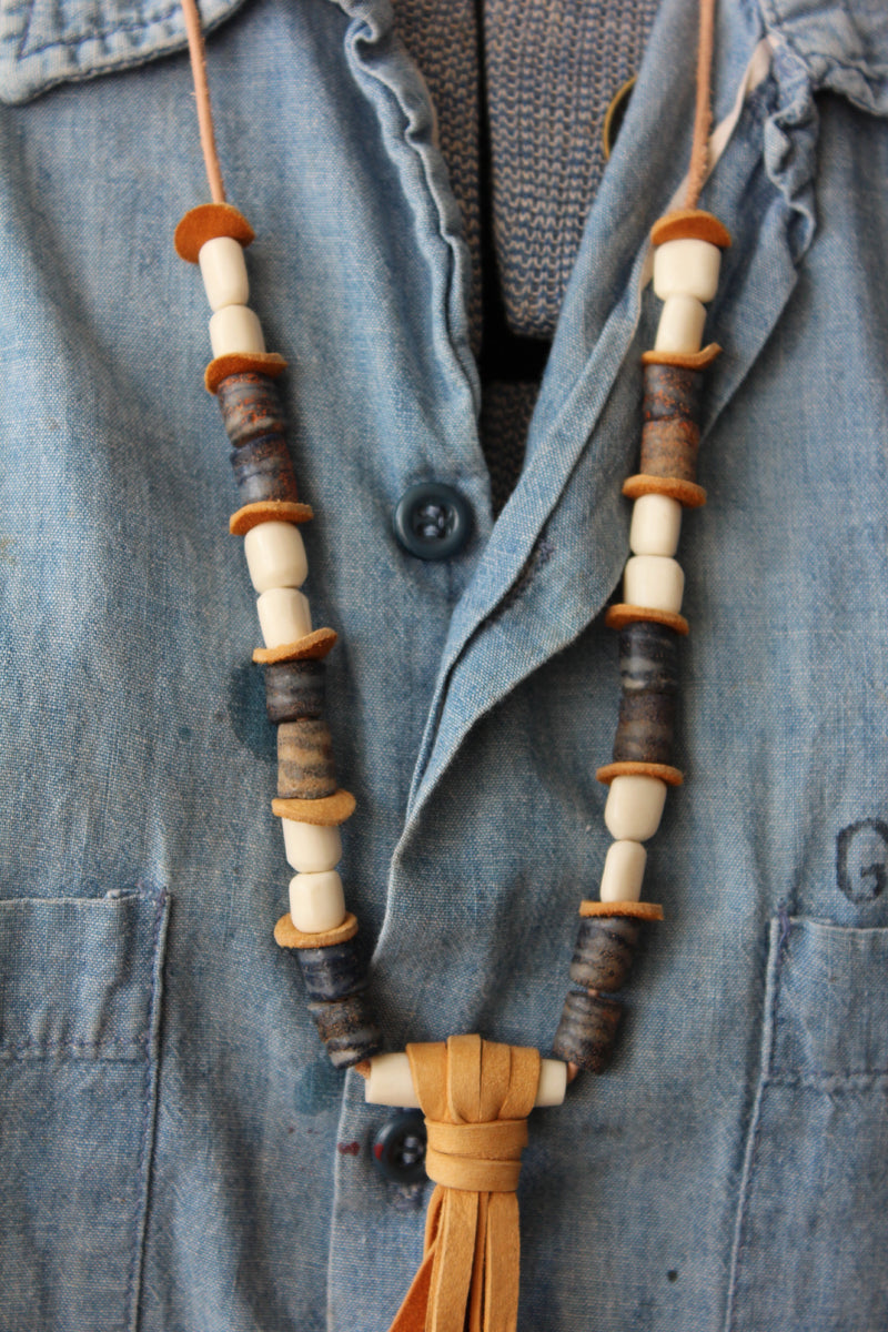 The Highlands Foundry Indigo Trade bead +Deerskin Fringe Necklace THF9